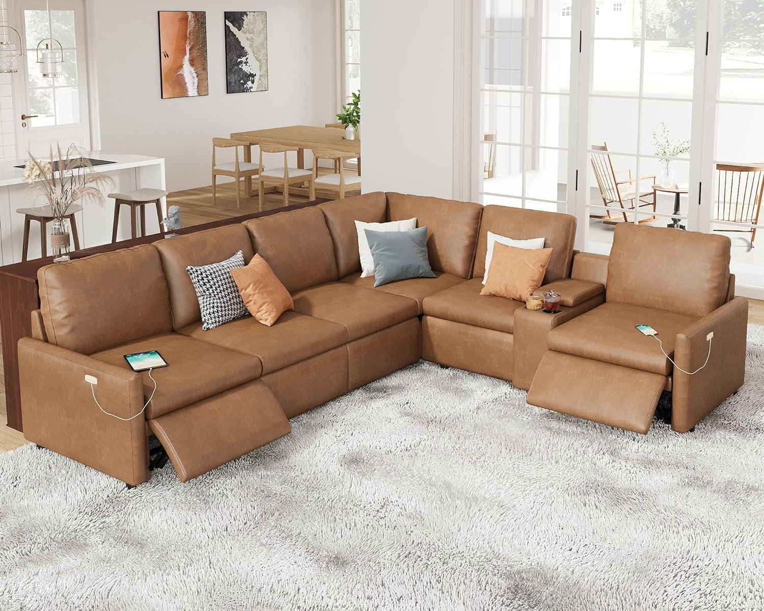 Latitude Run Power Recliner Leather 6 Seats L Shaped Couch with Cup Holder USB Port Wayfair